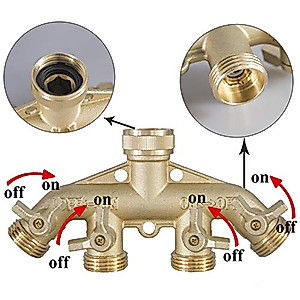 Hourleey Brass Garden Hose Splitter (4 Way), Solid Brass Hose Connector 3/4", Hose Spigot Adapter 4 Valves with 4 Extra Rubber Washers