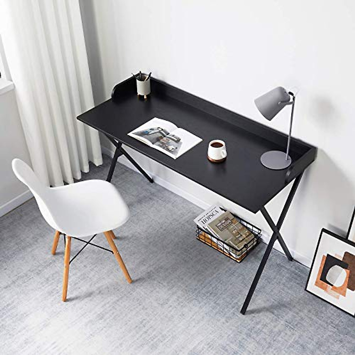 Alecono Black Desk 47'' Writing Computer Desk for Home Office Small Spaces Modern Study Sturdy PC Gaming Table, Black Wood