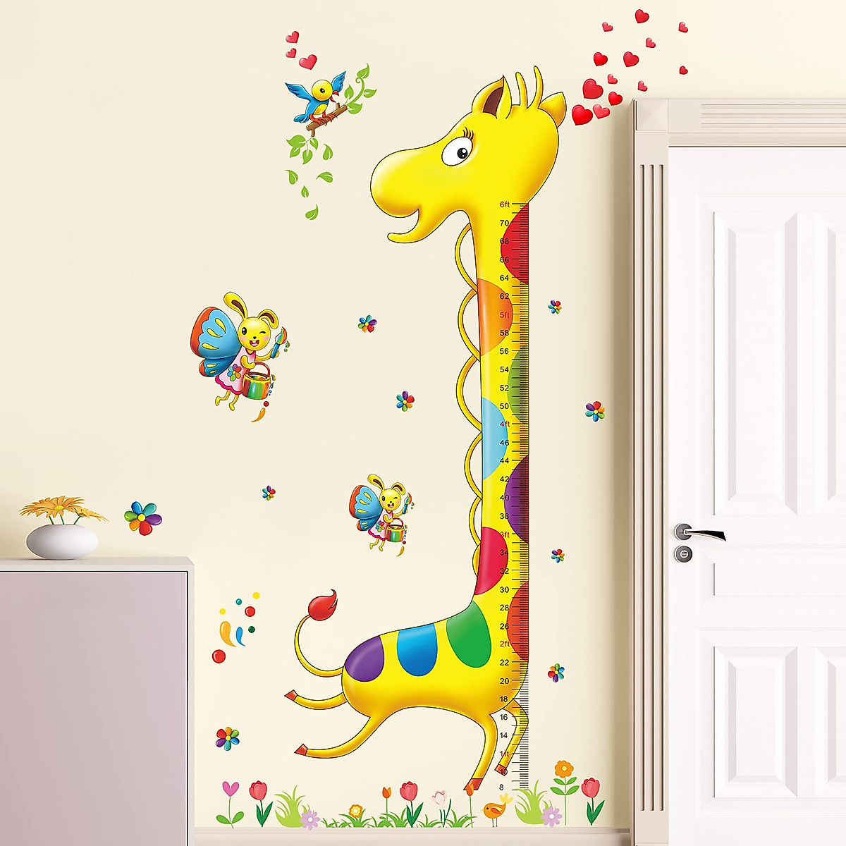 Animals Rainbow Giraffe Height Chart Wall Stickers Inches Kids Measure Height Growth Wall Decals Removable for Nursery Playroom Girls Boys Children's Bedroom Decoration Ruler Measuring Range 8in-6ft
