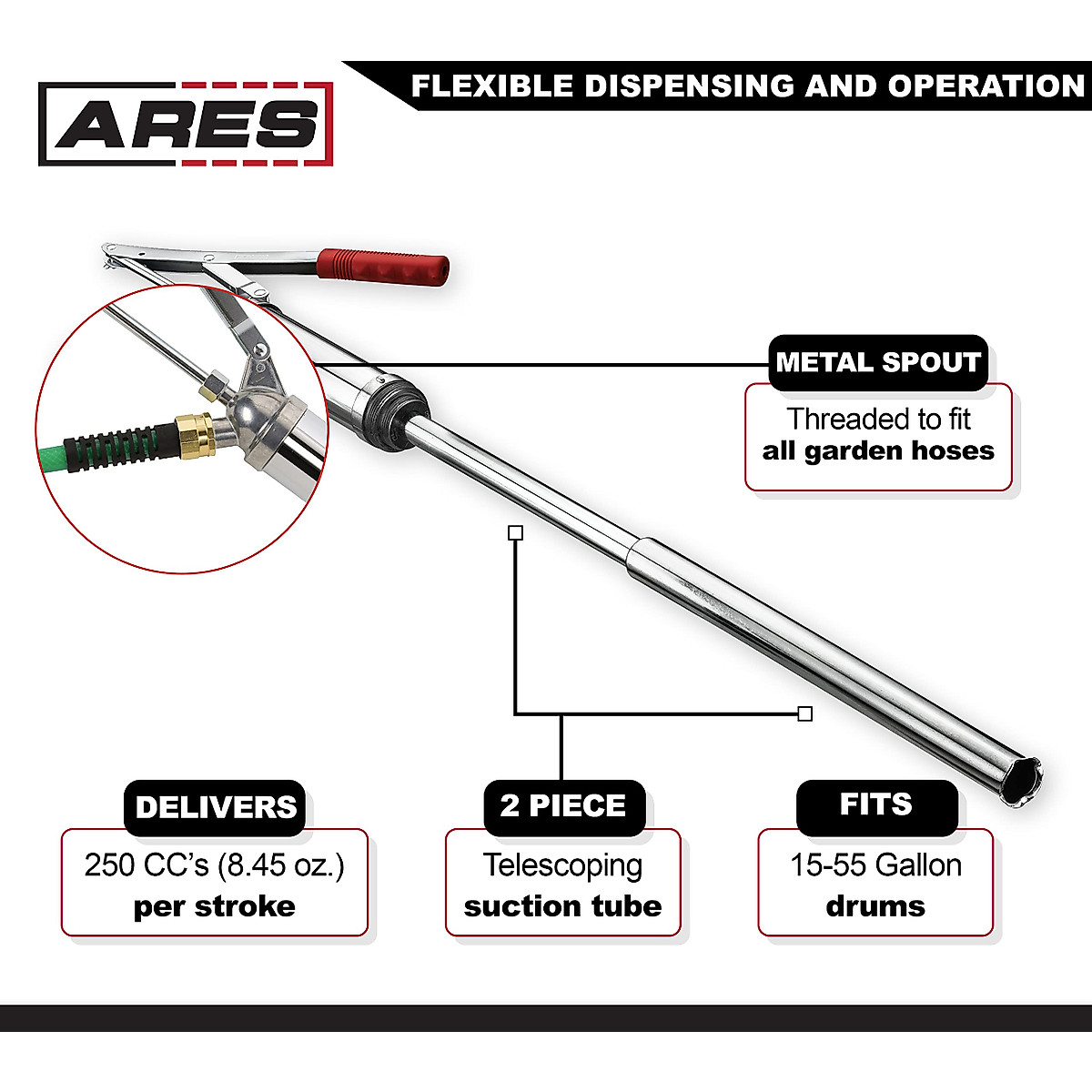 ARES 55000 - Oil Barrel Pump - 2-Piece Telescoping Suction Tube Fits 15-55 Gallon Drums - Designed to Deliver Base Oil, Transmission Oil and Heavier Fluids - Removable Heavy Duty Spout