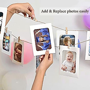 Emfogo Hanging Photo Display, Wood Picture Photo Frame for Wall DIY Decor 5 Strings with 30 Clips, Adjustable Twines fit Multi Pictures Frames Collage Organizer 35 x 35 inch