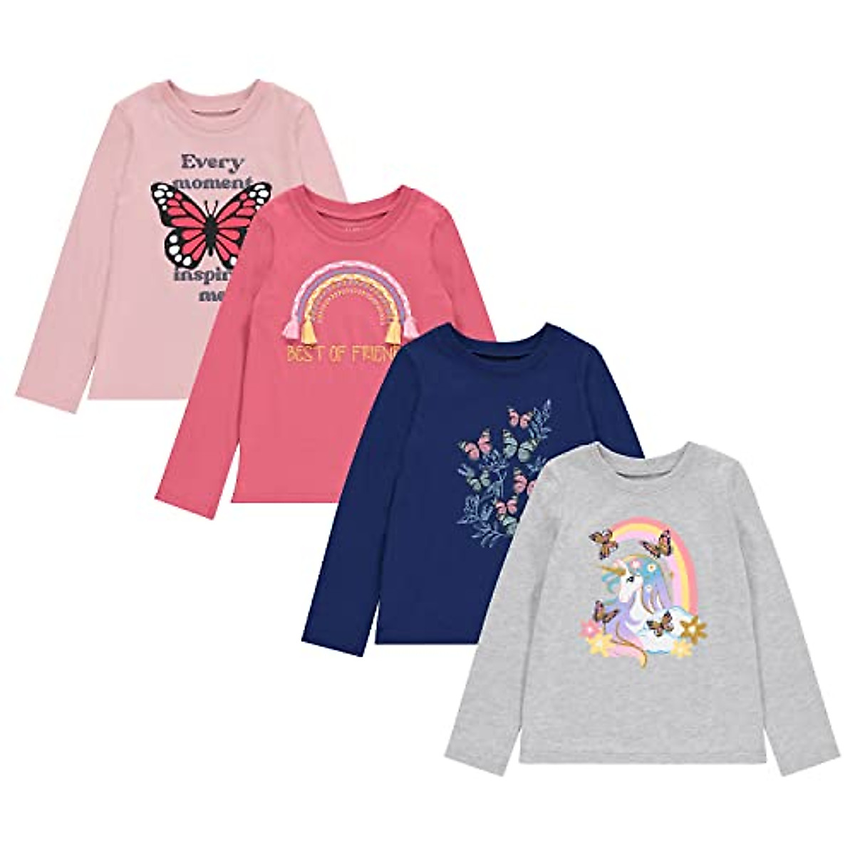 BTween Girls 4-Pack Long Sleeve Graphic T-Shirts - Cotton Blend, Fun & Vibrant Designs, Blue, 10/12