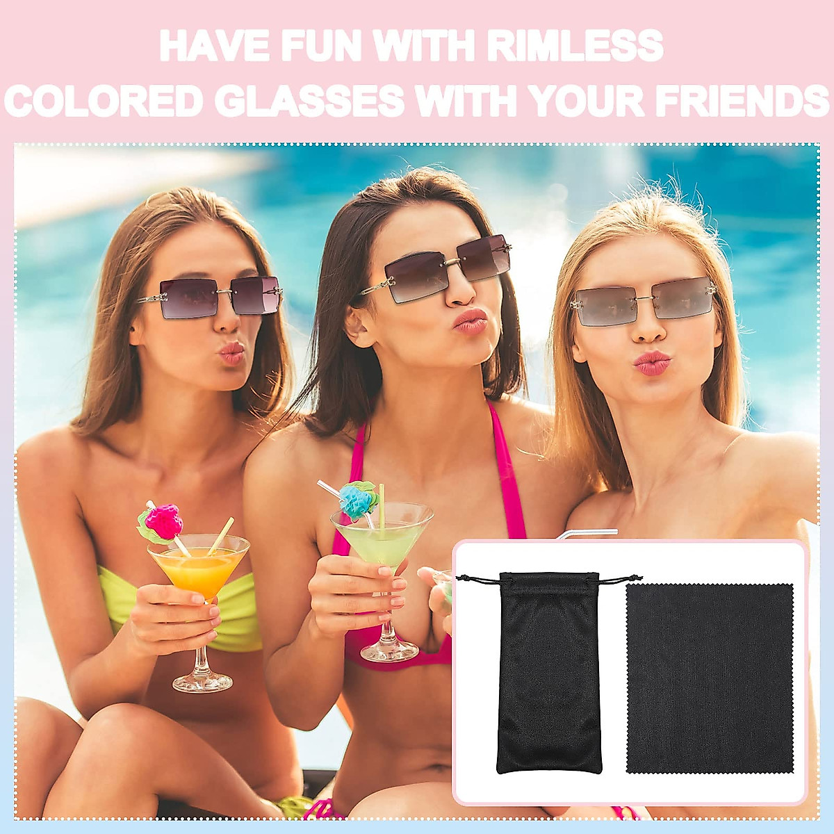 Konohan 8 Sets Rimless Rectangle Sunglasses Vintage Transparent Rectangle Glasses Eyewear Frameless Square Glasses(Classic Color)