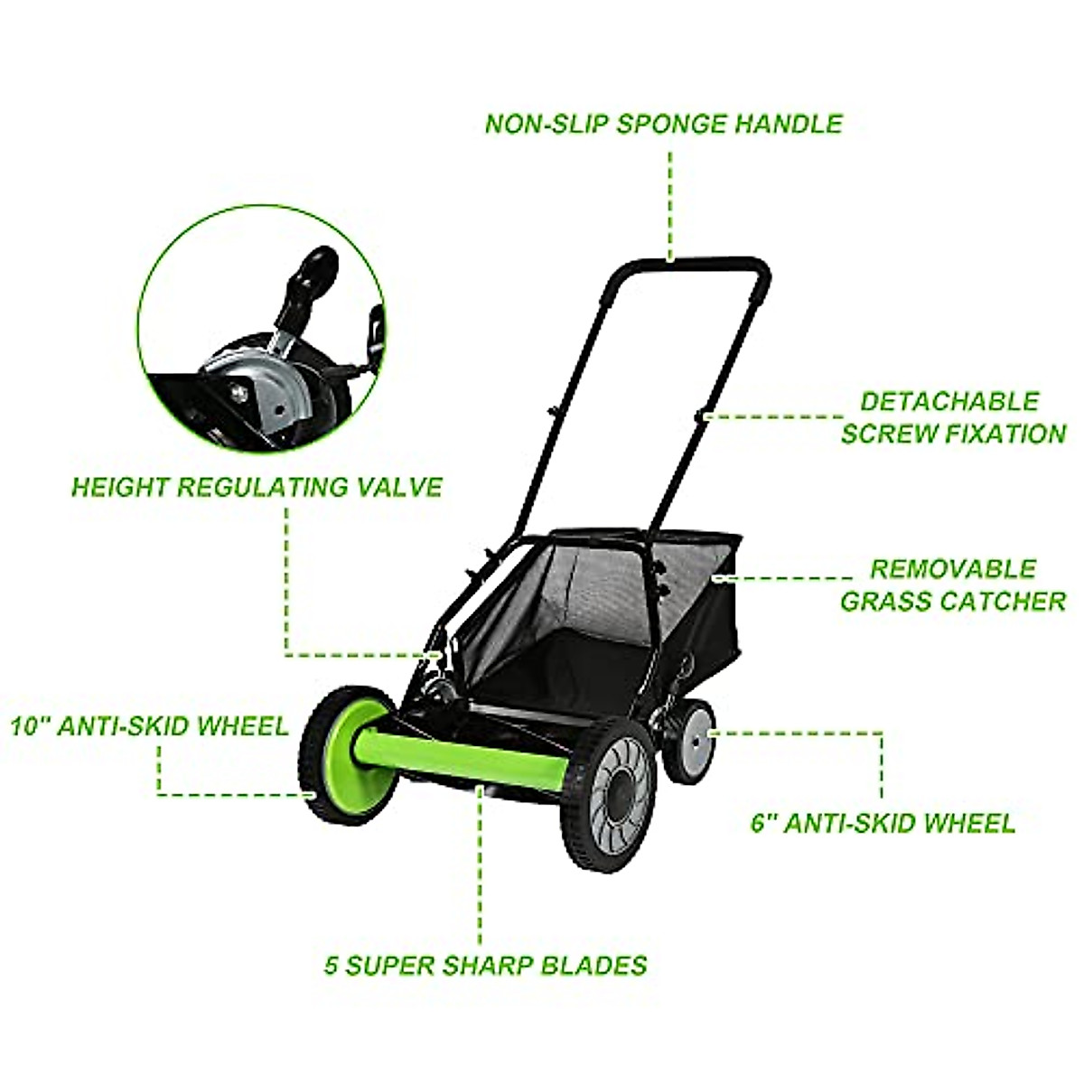 16-Inch 5-Blade Cordless Manual Reel Lawn Mower, Adjustable Cutting/Handle Height Grass Cutter with Grass Catcher, Green