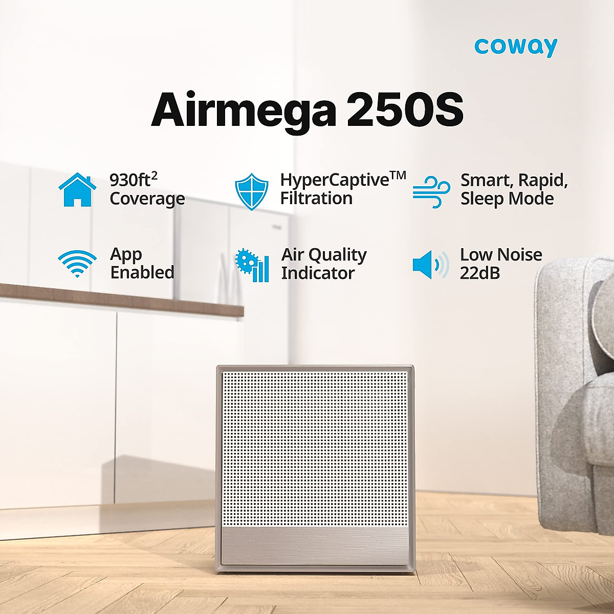 Coway Airmega 250S App-Enabled Smart Technology, Compatible With Amazon Alexa True HEPA Air Purifier, Covers 930 Sq.ft