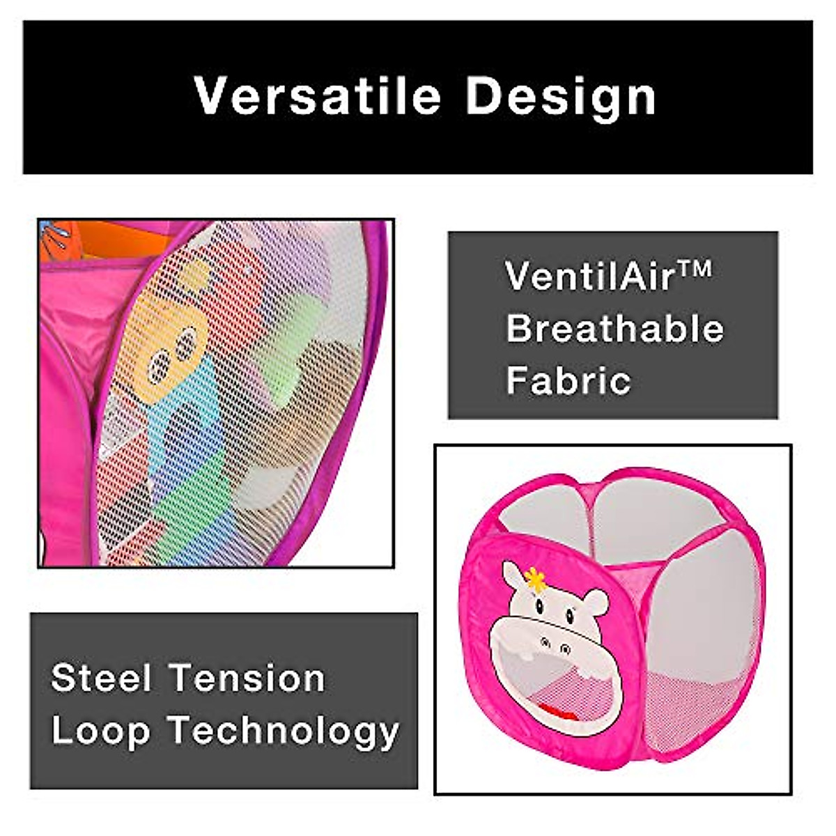 Smart Design Kids Pop Up Organizer with Animal Print - Set of 4 - VentilAir Mesh Netting - for Toddlers, Baby Clothes, Plushies, and Toys - Home Organization - Cube - 10.5 x 11 Inch - Pink Hippo