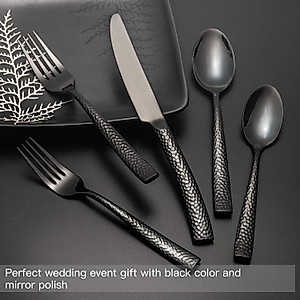 Kelenfer Silverware Set Black Flatware Set Stainless Steel 40 Pieces Cutlery Set Hammered Pattern Mirror Polished Home Hotel Use Service for 8, (KL9001)