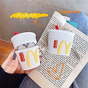 Compatible with Airpods 1 & 2, Funny 3D Cartoon Silicone Design, Soft Leather Carabiner Protective Cover, Suitable for Fashionable Girls Children Teen Boys Airpods case (I'm Lovin' it Cup)