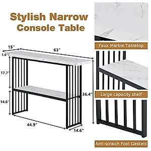 Qiyom 63" Modern Console Table for Entryway, Faux Marble Entryway Table with Storage Shelf and Metal Frame, Extra Long Sofa Table for Behind Couch, Hallway, Living Room - Black & White