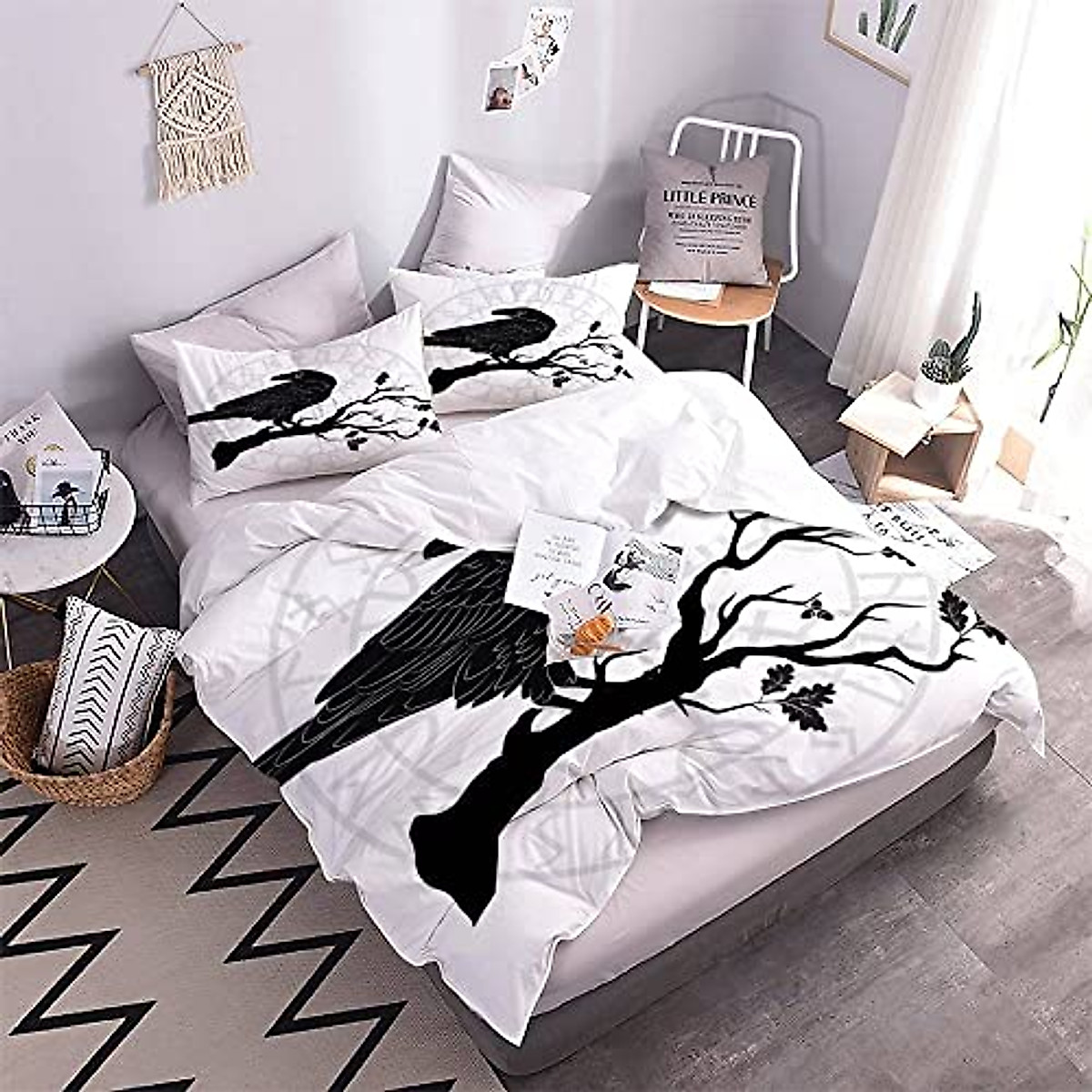 Quilt Cover Twin Size Viking Crow 3D Bedding Sets Odin's Raven Duvet Cover Breathable Hypoallergenic Stain Wrinkle Resistant Microfiber with Zipper Closure,beding Set with 2 Pillowcase
