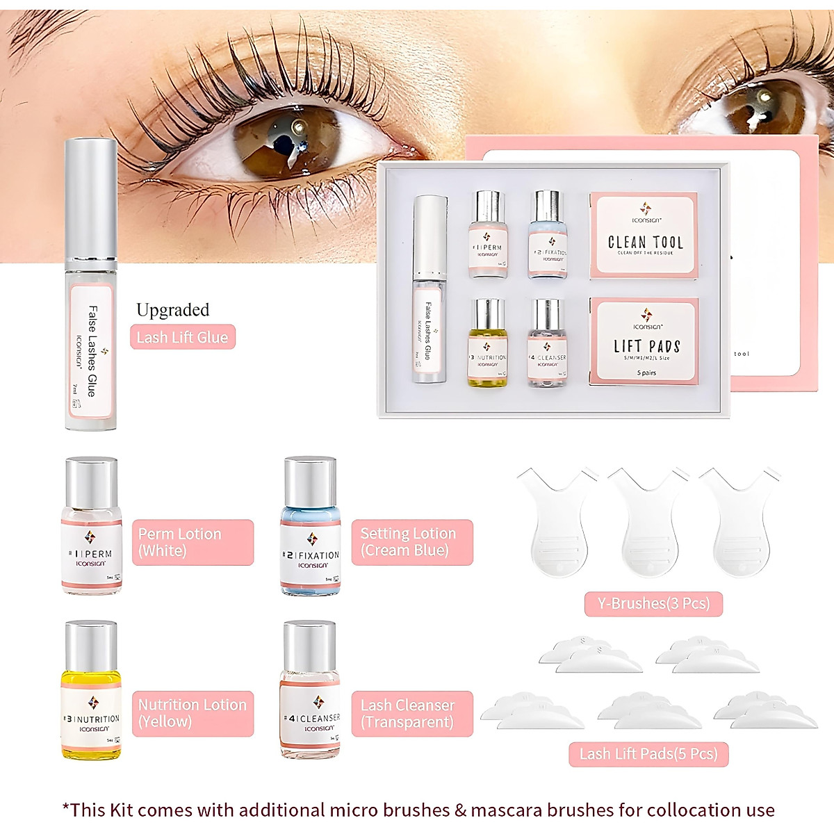 ICONSIGN Lash Lift Kit, Professional Salon Semi-Permanent Curling Eyelash Perm Kit with Lash Shields, Eye Gel Pads and Brushes
