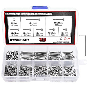 DYWISHKEY 310 Pieces M2 x 4mm/6mm/8mm/10mm/12mm/16mm/20mm, Stainless Steel 304 Hex Socket Head Cap Bolts Screws Nuts Kit with Hex Wrench