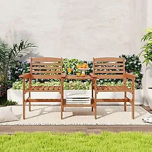 Tangkula Outdoor Patio Loveseat with Table, Wood 2-Seat Conversation Set with Coffee Table and Umbrella Hole, Outdoor Furniture Set for Garden Poolside Backyard Balcony Porch Deck (Natural)