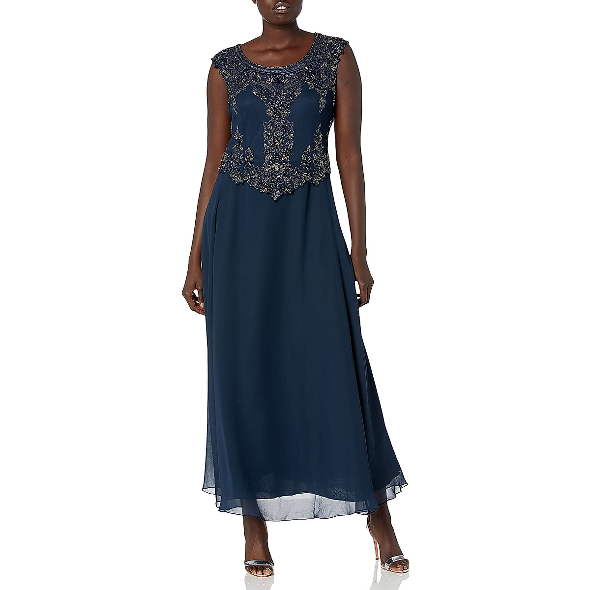 J Kara Women's Petite Cap Sleeve Beaded Top Long Dress, Navy/Mercury, 16P