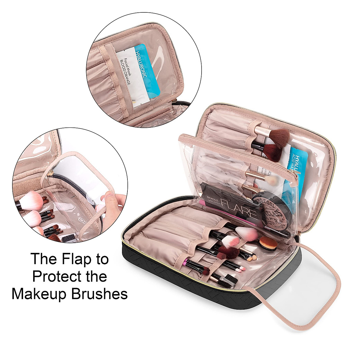 Yarwo Travel Makeup Brushes Bag, Portable Cosmetic Bag for Makeup Brushes (up to 9.4") and Cosmetic Essentials, Black (BAG ONLY, PATENTED DESIGN)