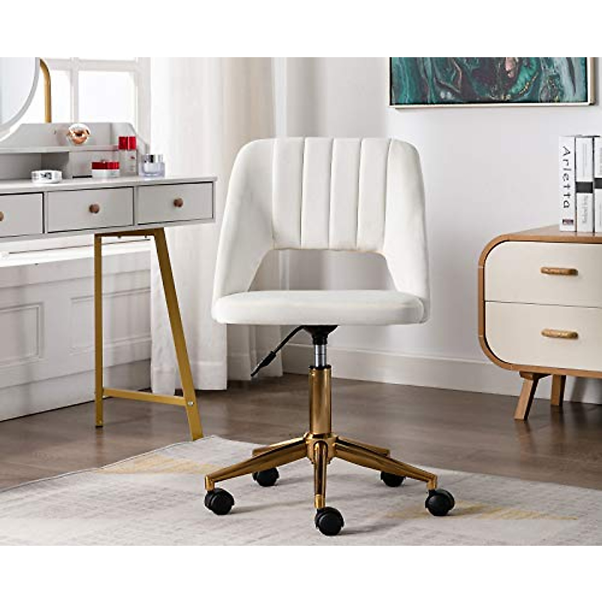 Guyou Desk Chair Armless Office Chair Gold and White, Upholstered Velvet Home Office Chair Cute Vanity Stool for Small Space Teens Study Makeup with Hollow Back, White