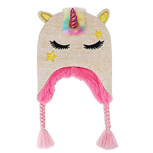 Kids Girls Cute Glitter Unicorn Beanie Winter Hat and Glove Set Knitted Earflap Cap Flip Top Mitten Set Beige