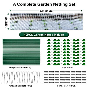 Kesfitt Garden Netting Kit,10x33FT Ultra Fine Mesh Bird Netting for Garden Protection with 10PCS Hoops & 15PCS Stakes & 36PCS Clips,Insect Netting Pest Barrier Row Cover for Vegetable Fruits Flowers