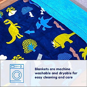 Golden Linens Baby Infants Printed Sherpa Borrego Ultra Soft Warm Throw Blanket Bed Cover 40" X 50" Navy Blue Dinosaur