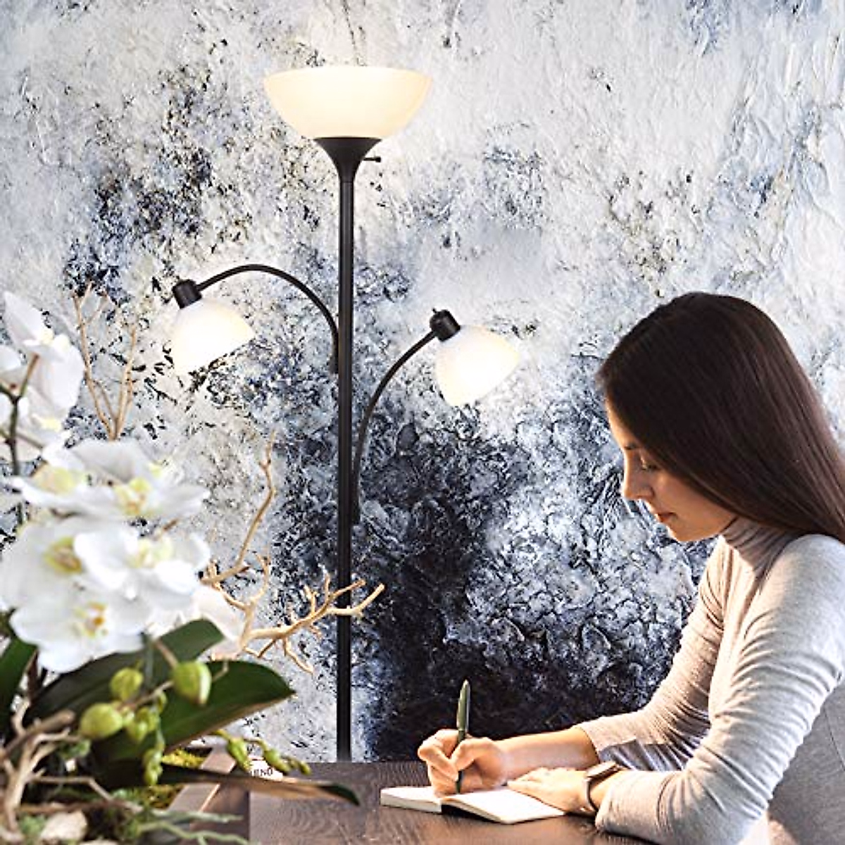 Brightech Sky Dome Double LED Floor lamp, Torchiere Super Bright Floor Lamp with 2 Reading Lamps for Living Rooms & Offices - Dimmable Tall Standing Lamp for Bedroom Reading - Tall Black Pole