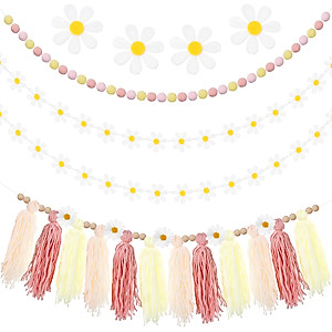 Rtteri 4 Pcs Daisy Garland Felt Ball Classroom Retro Garland Boho Pom Pom Groovy Tassel Garland Hippie Decor Party Banner for School Wedding Birthday Bridal Window Wall Home Room(Pink Series Color)