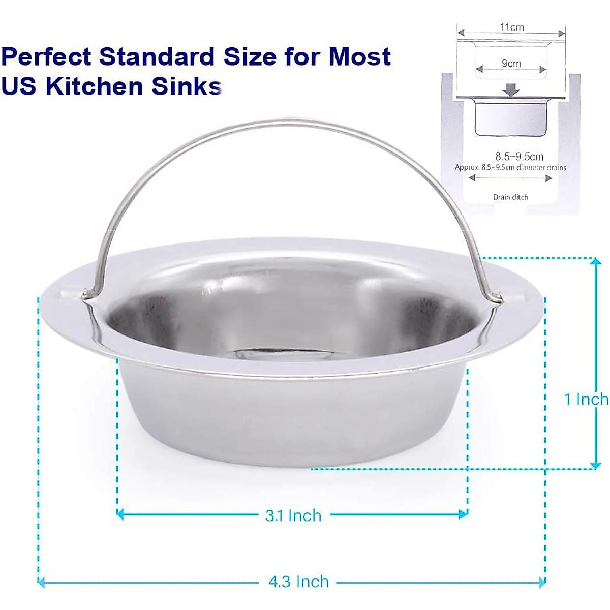 2Pcs Kitchen Sink Strainer Food Catcher Stainless Steel, Sink Strainers for Kitchen Sink Garbage Disposal, Kitchen Sink Drain Strainer Basket, Sink Drain Filter Cover Stopper with Handle Large Rim