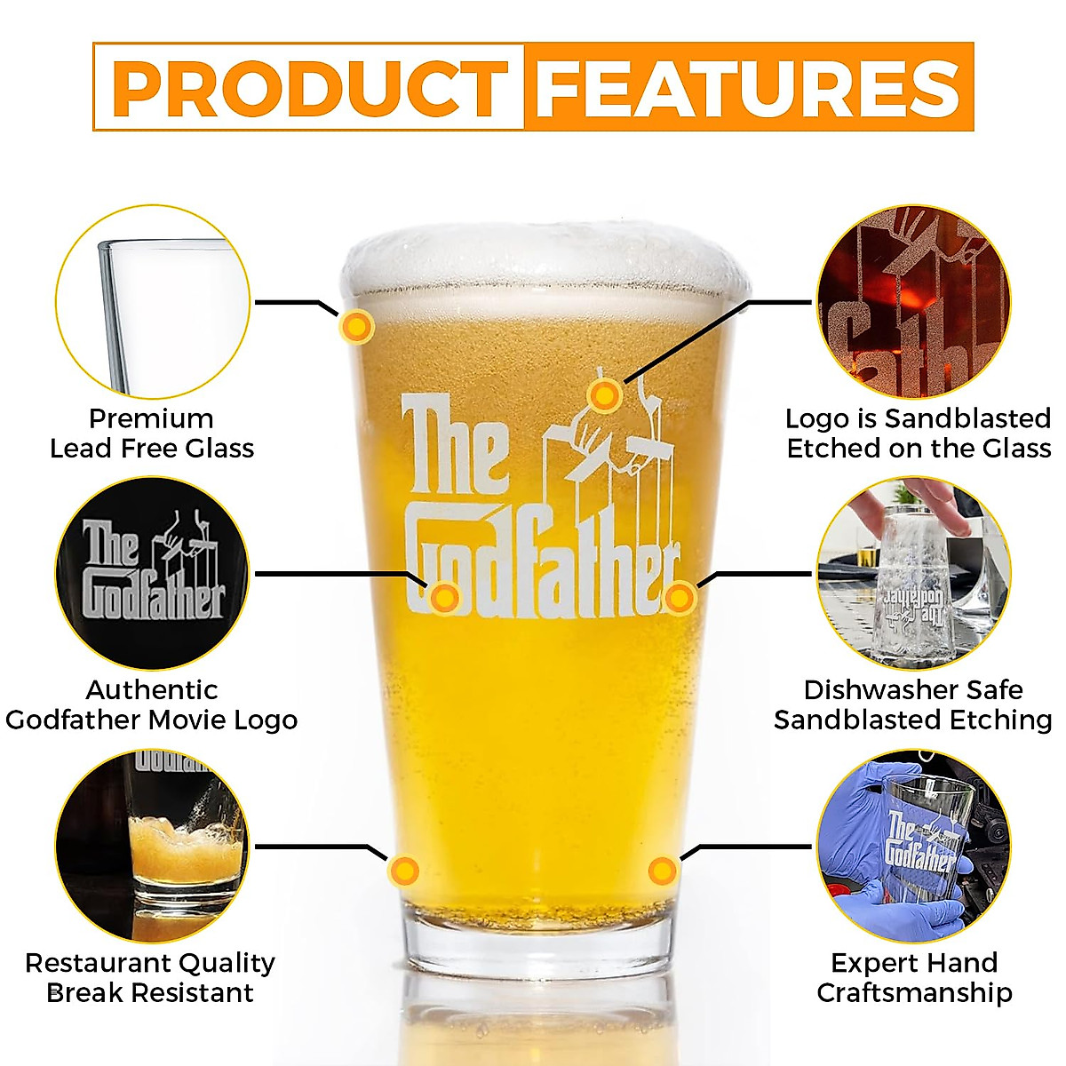 The Godfather Etched Pint Beer Glass - Officially Licensed, Premium Quality, Handcrafted Glassware, 16oz. - Perfect Collectible Gift for Movie Lovers, Birthdays & Special Occasions