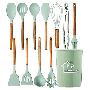 Kitchen Silicone Cooking Utensils Set with Wooden Handle. 446°F Heat Resistant, BPA free, Dishwasher Safe Non-Stick Silicone Kitchen Gadgets Cookware Set(12pcs Set) (Light Green)