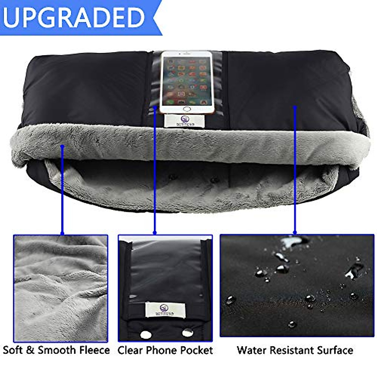 Fleece Stroller Hand Muff, BETITETO Winter Anti-Freeze Gloves for Baby Stroller Jogger Pram Water Resistant Warmer Gift for Parents and Caregivers (Black)