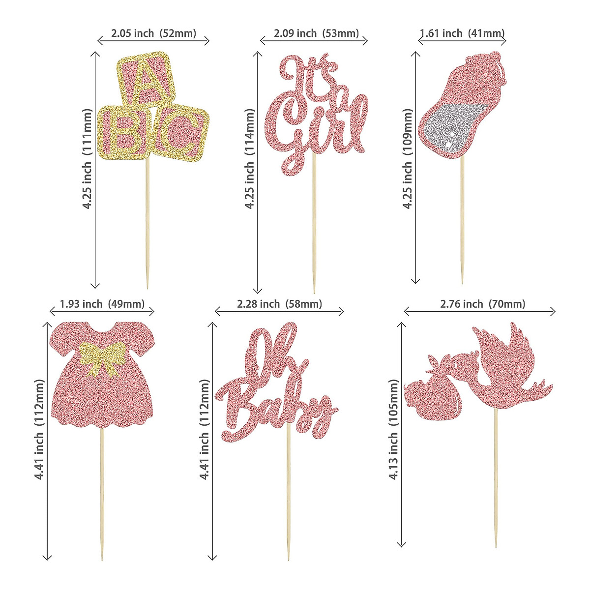24Pcs Baby Shower Oh Baby Cupcake Toppers Rose Gold Glitter Bow Dress Bottle Swan It's a Girl Cake Picks Decorations for Baby Shower Gender Reveal Girls Birthday Party Supplies