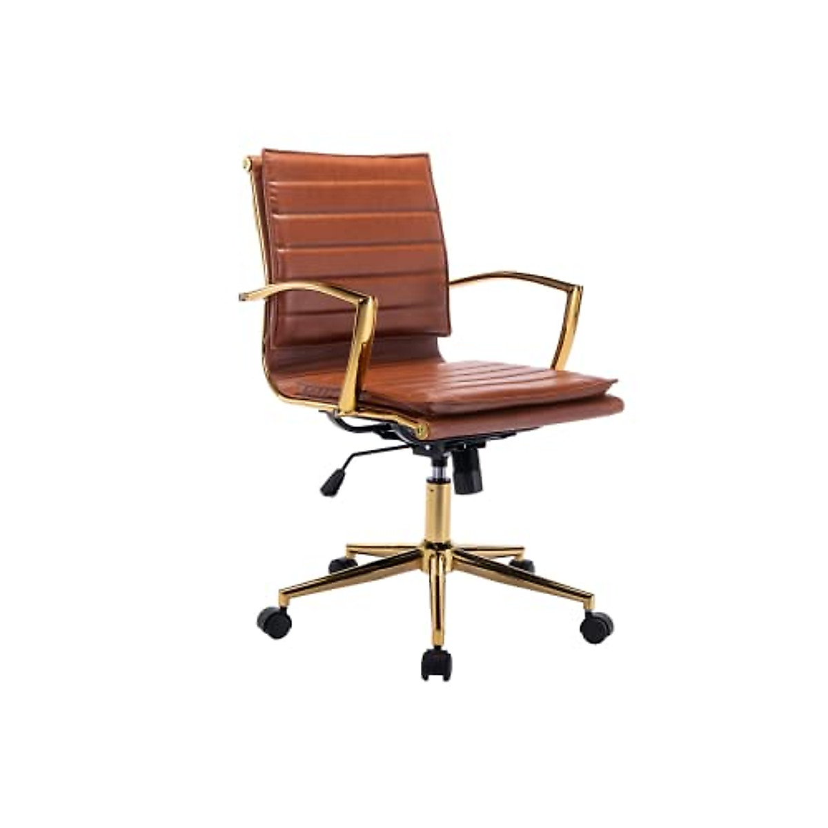 Shunzhi Leather Desk Chair with Armrest PU Leather Office Chair Midback Adjustable Home Computer Executive Chair Swivel Conference Task Chair Managers Chair with Chrome Base, Brown and Gold