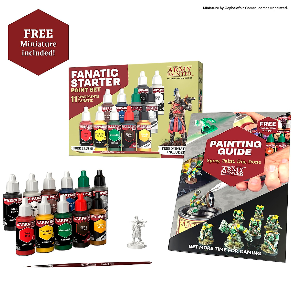 The Army Painter Warpaints Fanatic: Starter Set, 11 paints: 7 acrylic colours, 2 Metallics, 1 Wash, 1 Brush-On Primer, 1 Free Miniature figure and Starter Brush