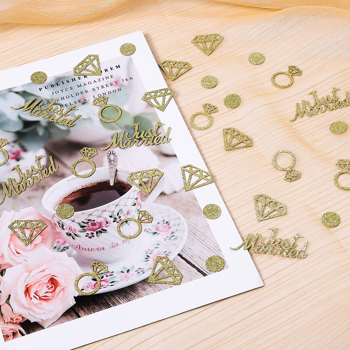 AIEX 300pcs Gold Wedding Table Confetti, Glitter Paper Confetti Just Married Diamond Ring Dots Confetti Table Decorations for Bridal Shower Wedding Bachelor Party