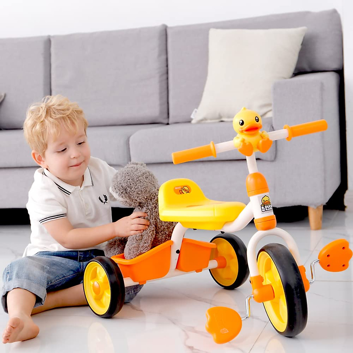 Toddler Tricycle Outdoor Trike for 1-3 Years Old with Storage Bin, Cute Riding Toys Gift for Girls Boys, Carbon Steel Frame and Silent Wheels (Yellow)