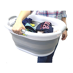 SAMMART 36L(9.5 gallon) Collapsible Plastic Laundry Basket-Oval Tub/Basket-Foldable Storage Container-Portable Washing Tub-Space Saving Laundry Hamper,Water capacity 27L(7.1 gallon) (Grey, 1)