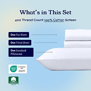 California Design Den Twin Sheets Set - Soft 400 Thread Count Sateen, 100% Cotton Sheets, Deep Pockets with All Around Elastic for a, Cool & Durable Bedding Set - White