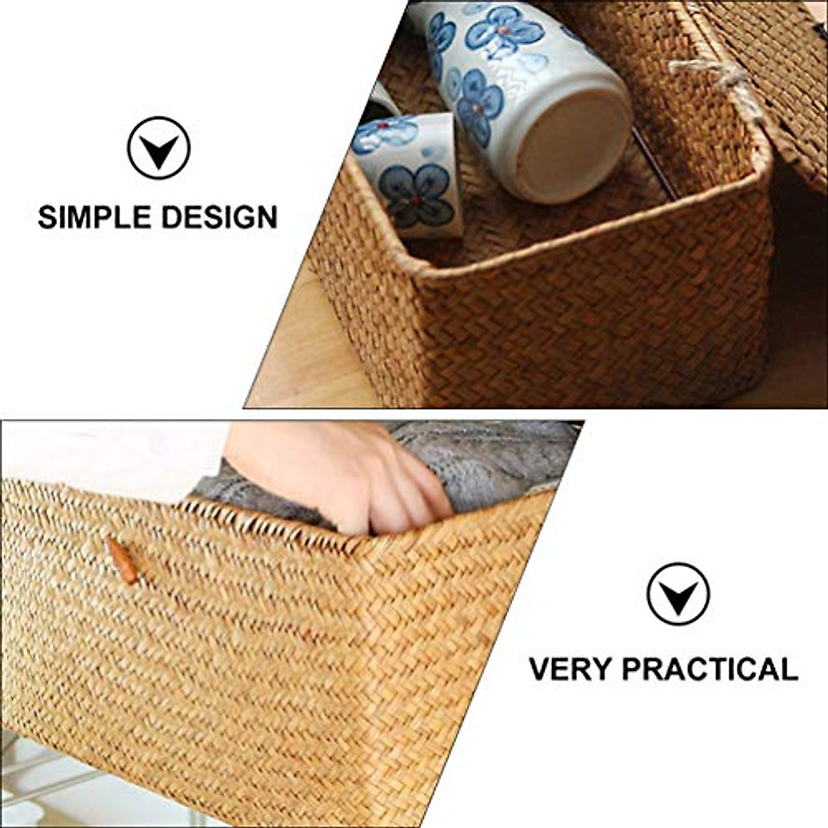 YARNOW 2pcs Seagrass Storage Baskets with Lids Rectangular Rattan Baskets Woven Wicker Storage Bins Wooden Picnic Basket Laundry Hamper Container
