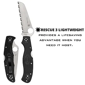 Spyderco Rescue 3 Lightweight Knife with 93mm Flat Ground Steel Blade and Tunnel to Towers Black FRN Handle - SpyderEdge - C14FSBKBL3