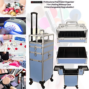 Ver Beauty 7 in 1 Professional Rolling Makeup Nail Tech Travel Case Cosmetic Organizer Storage Clear Acrylic Panel with 4 Wheels Nail Polish Holder and Extra Lid (Lavender Stripe)