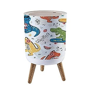 Small Trash Can with Lid Music Lover Dinosaur Seamless for Kids Fashion Childish with Cute Wood Legs Press Cover Garbage Bin Round Waste Bin Wastebasket for Kitchen Bathroom Office 7L/1.8 Gallon