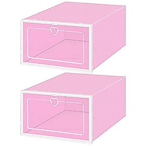 Storage Box Storage Container 2Pcs Shoes Box with Heart Pull Ring Easy Assembly Plastic Drawer Type Shoes Case Home Storage - Pink