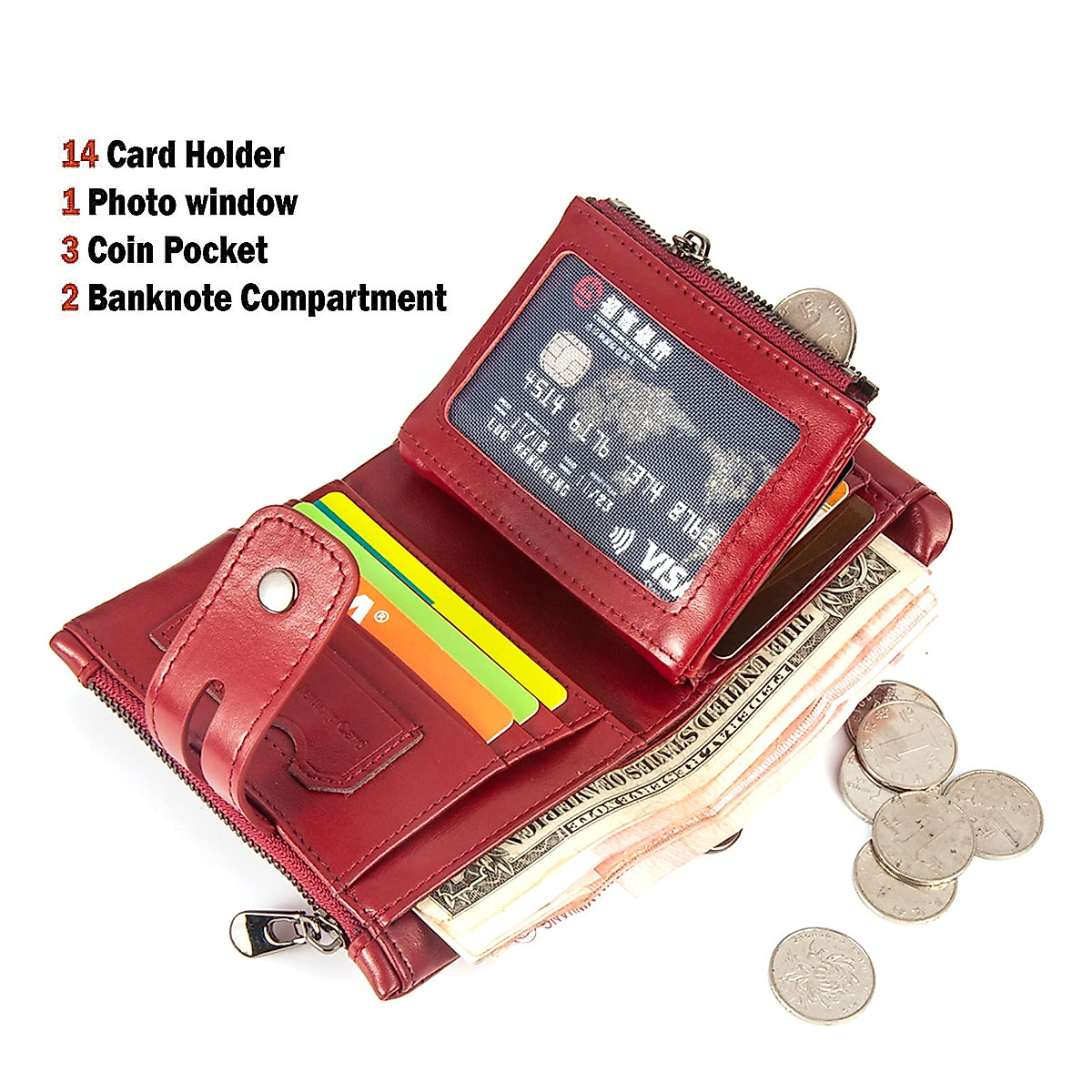 Small Wallet for Women, Rfid Blocking Leather Bifold Zipper Pocket Card Holder Western Vintage Clutch with Chain