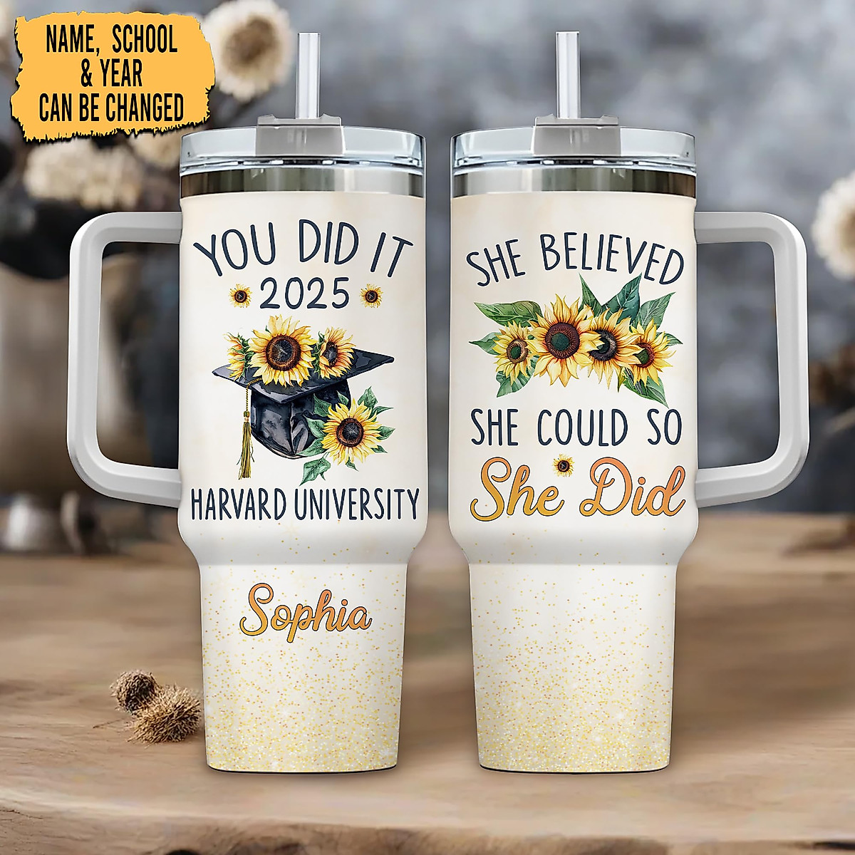 Hyturtle Personalized Graduation Gifts For Her Women - She Believed She Could So She Did - Congrats Grad Gifts For College High School Masters Degree - Stainless Steel Travel Coffee Cup 40oz With Lid