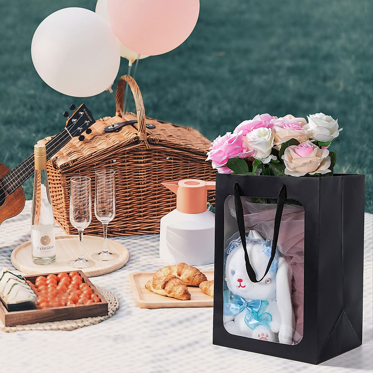 Sdootjewelry 10pcs Black Gift Bag with Transparent Window, 13.8''×7.1''×9.8'' Window Gift Bags with Handles, Flower Bags for Bouquets, Kraft Paper Gift Bags for Party Wedding Shopping Retail