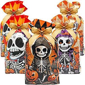 Jexila 50PCS Halloween Candy Bags Halloween Goodie Treat Bags with Drawstring Halloween Party Favor Bags for Kids Trick or Treat 5.9''X9'' (Skull)