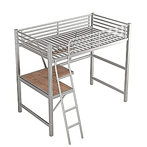 Anwickmak Twin Size Loft Bed with Desk and Shelf, Metal Loft Bed Frame, Loft Bed with Ladders and Safety Guard Rails for Boys,Girls, Teens, Adults