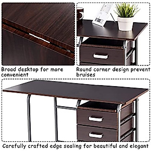 CHEFJOY Folding Computer Study Desk, Home Office Desk with 6 Smooth Wheels & 3 Large Drawers, Mobile Laptop Desk Writing Table for Small Space, Bedroom, Living Room (Brown)