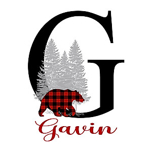 Personalized Woodland Bear Buffalo Plaid Baby Boy Nursery Decor Unframed Print - Baby Name Letter Initial Monogram