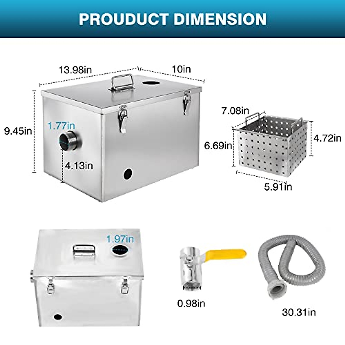 IRONWALLS 8LBS Top Inlet Commercial Grease Interceptor, Stainless Steel Grease Trap 4 Gallon, Under Sink Grease Trap Waste Water Oil-water Separator for Restaurant, Cafe, Canteen, Factory, Kitchen