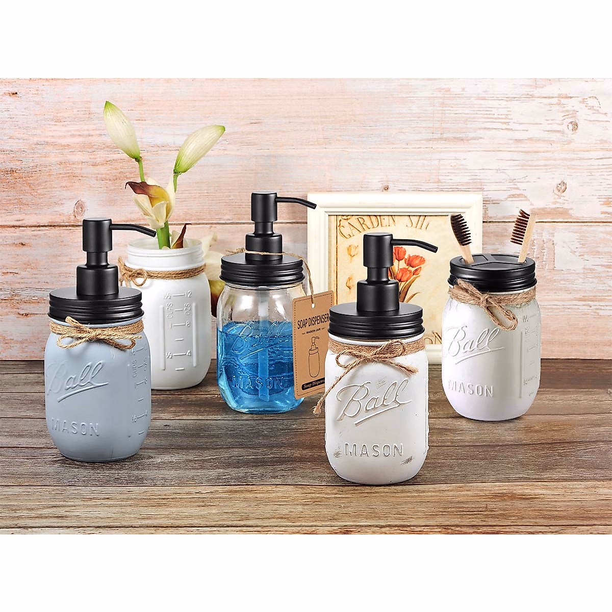 Komashr Mason Jar Bathroom Accessories Lids Set(4pcs) - Jars Not Included - Soap Dispenser,Toothbrush Holder, Apothecary Jars Lids for Regular Mouth Mason Jars - Rustproof Stainless Steel，Black